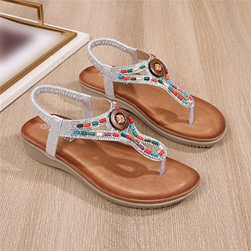 Thong Sandals for Women Beach,Bohemia Flat Sandals T-Strap Summer Beach Beaded Elastic Flip-Flop Thong Shoes (Silver, 8)