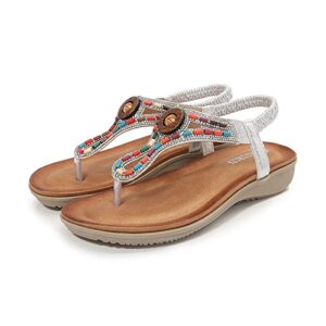 Thong Sandals for Women Beach,Bohemia Flat Sandals T-Strap Summer Beach Beaded Elastic Flip-Flop Thong Shoes (Silver, 8)