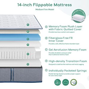 Memory Foam and Innerspring Hybrid Mattress, 14-Inch California King Size Mattress, Two-Sided Flippable Medium Firm Mattress with 2 Bonus Pillows, Bed-in-a-Box, CertiPUR-US