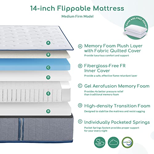 Memory Foam and Innerspring Hybrid Mattress, 14-Inch California King Size Mattress, Two-Sided Flippable Medium Firm Mattress with 2 Bonus Pillows, Bed-in-a-Box, CertiPUR-US