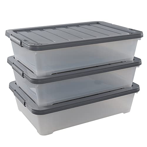 CadineUS 3-pack Large Plastic Under Bed Boxes with Wheels, Shallow Storage Tote Bins, 40 Quarts