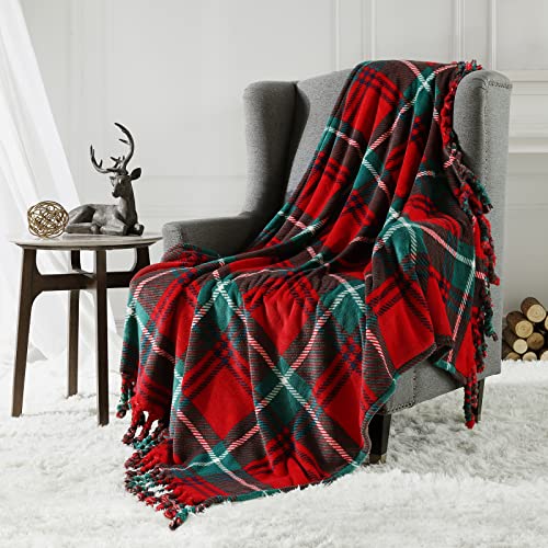 Cozy Bliss Tassel Throw Blanket for Couch, Buffalo Plaid Blanket with Tassel, Super Soft Fuzzy Fleece Blanket Decorative for Sofa Couch Bed Living Room (Red/Green, Throw 50" x 60")