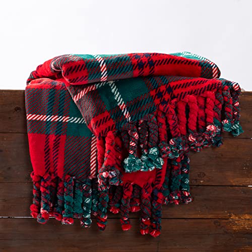 Cozy Bliss Tassel Throw Blanket for Couch, Buffalo Plaid Blanket with Tassel, Super Soft Fuzzy Fleece Blanket Decorative for Sofa Couch Bed Living Room (Red/Green, Throw 50" x 60")