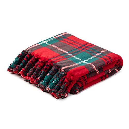 Cozy Bliss Tassel Throw Blanket for Couch, Buffalo Plaid Blanket with Tassel, Super Soft Fuzzy Fleece Blanket Decorative for Sofa Couch Bed Living Room (Red/Green, Throw 50" x 60")