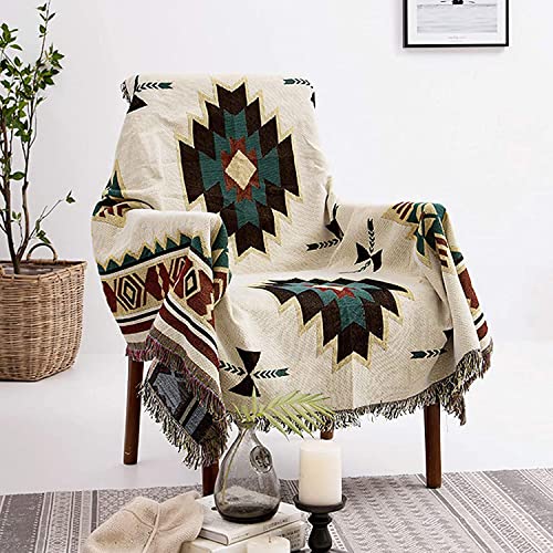 AIVIA Southwest Throw Blanket for Couch Bed, Cotton Woven Southwestern Navajo Throws Tapestry Cover for Living Room Chair Sofa Decorative w/Boho Fringe - Off White Green Burgundy Red, 50" x 60"