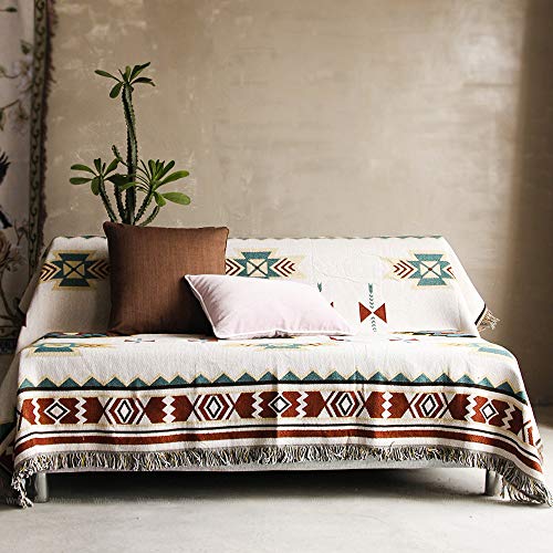 AIVIA Southwest Throw Blanket for Couch Bed, Cotton Woven Southwestern Navajo Throws Tapestry Cover for Living Room Chair Sofa Decorative w/Boho Fringe - Off White Green Burgundy Red, 50" x 60"