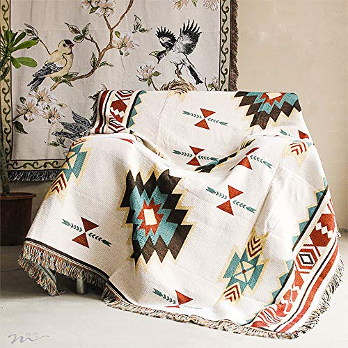 AIVIA Southwest Throw Blanket for Couch Bed, Cotton Woven Southwestern Navajo Throws Tapestry Cover for Living Room Chair Sofa Decorative w/Boho Fringe - Off White Green Burgundy Red, 50" x 60"