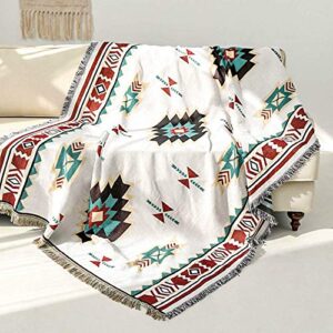 AIVIA Southwest Throw Blanket for Couch Bed, Cotton Woven Southwestern Navajo Throws Tapestry Cover for Living Room Chair Sofa Decorative w/Boho Fringe - Off White Green Burgundy Red, 50" x 60"