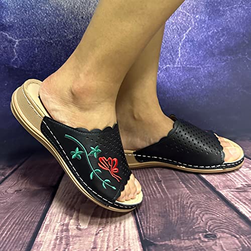 CsgrFagr Women's Hiking Boots Women Summer Flowers Slip On Casual Open Toe Wedges Soft Bottom Breathable Slippers Shoes Sandals (Black, 8)