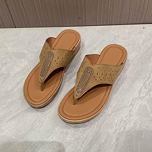 Ladies Fashion Summer Solid Hollow Leather Rhinestone Decorative Clamping Toe Slope Slip on Sandals for Women Wide Width (Brown, 8)