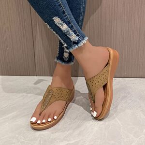 Ladies Fashion Summer Solid Hollow Leather Rhinestone Decorative Clamping Toe Slope Slip on Sandals for Women Wide Width (Brown, 8)