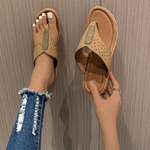 Ladies Fashion Summer Solid Hollow Leather Rhinestone Decorative Clamping Toe Slope Slip on Sandals for Women Wide Width (Brown, 8)