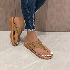 Ladies Fashion Summer Solid Hollow Leather Rhinestone Decorative Clamping Toe Slope Slip on Sandals for Women Wide Width (Brown, 8)