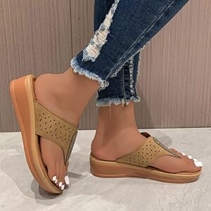 Ladies Fashion Summer Solid Hollow Leather Rhinestone Decorative Clamping Toe Slope Slip on Sandals for Women Wide Width (Brown, 8)