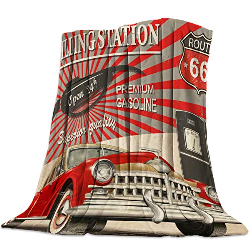 Ultra Soft Flannel Fleece Bed Blanket Vintage Car Filling Station Route 66 Throw Blanket All Season Warm Fuzzy Light Weight Cozy Plush Blankets for Living Room/Bedroom 50x60in