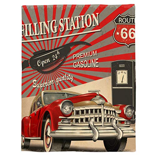 Ultra Soft Flannel Fleece Bed Blanket Vintage Car Filling Station Route 66 Throw Blanket All Season Warm Fuzzy Light Weight Cozy Plush Blankets for Living Room/Bedroom 50x60in