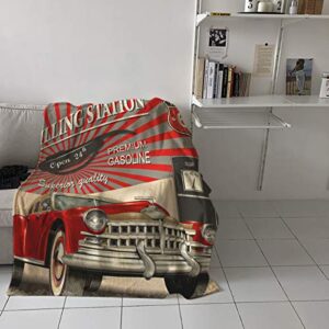 Ultra Soft Flannel Fleece Bed Blanket Vintage Car Filling Station Route 66 Throw Blanket All Season Warm Fuzzy Light Weight Cozy Plush Blankets for Living Room/Bedroom 50x60in