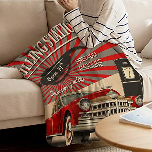 Ultra Soft Flannel Fleece Bed Blanket Vintage Car Filling Station Route 66 Throw Blanket All Season Warm Fuzzy Light Weight Cozy Plush Blankets for Living Room/Bedroom 50x60in