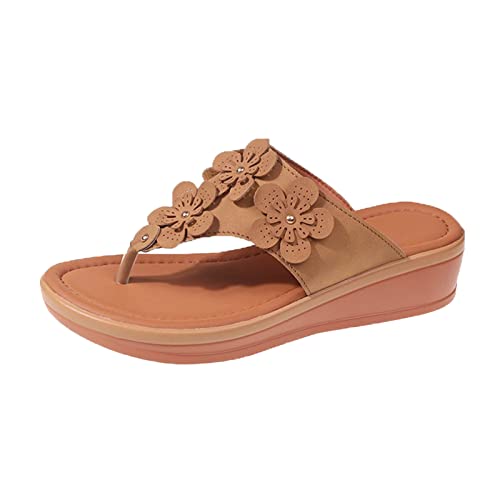 Ladies Fashion Summer Leather Flower Decorative Clip Toe Slope Heel Slippers Womens Summer Sandals Under 10 (Brown, 8)