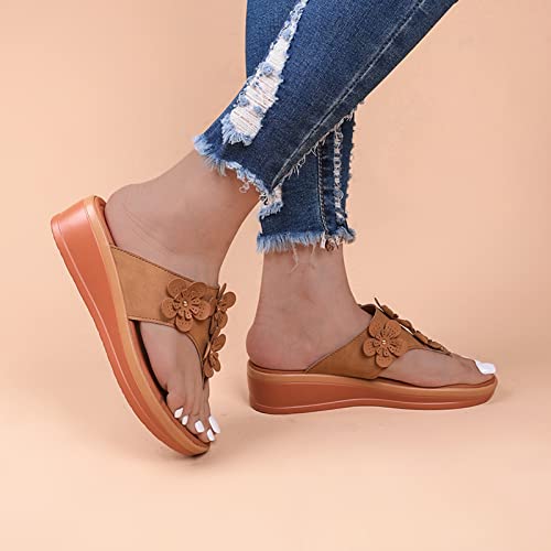 Ladies Fashion Summer Leather Flower Decorative Clip Toe Slope Heel Slippers Womens Summer Sandals Under 10 (Brown, 8)