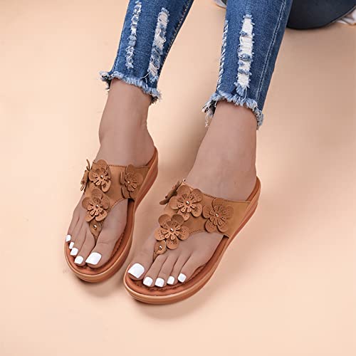 Ladies Fashion Summer Leather Flower Decorative Clip Toe Slope Heel Slippers Womens Summer Sandals Under 10 (Brown, 8)