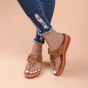 Ladies Fashion Summer Leather Flower Decorative Clip Toe Slope Heel Slippers Womens Summer Sandals Under 10 (Brown, 8)