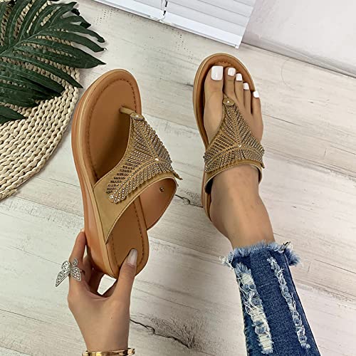 Ladies Fashion Summer Solid Leather Rhinestone Decorative Clamping Toe Slope Heel High Heel Wedges Sandals for Women (Khaki, 8)