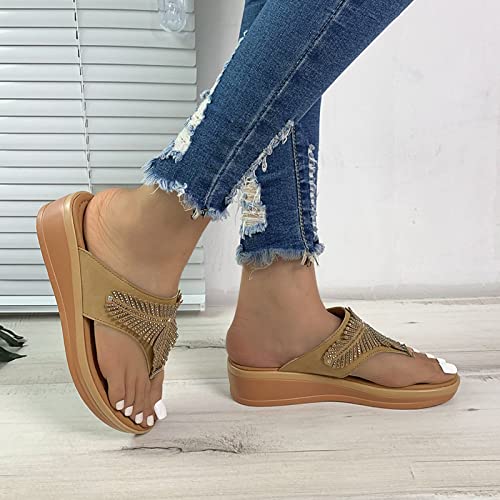 Ladies Fashion Summer Solid Leather Rhinestone Decorative Clamping Toe Slope Heel High Heel Wedges Sandals for Women (Khaki, 8)