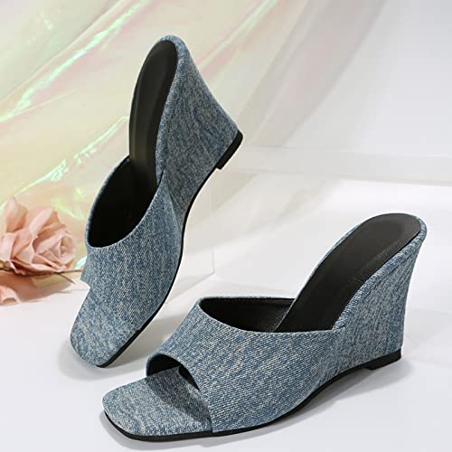 Ladies Fashion Summer Solid Denim Square Toe Open Toe Slope Heel Thick Soled Sandals Women's Walking Sandals (Light Blue, 8)