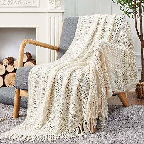 jinchan Knit Throw Blanket Ivory Soft Couch Throw Blanket with Tassels Spring Bed Throw Blanket Indoor Outdoor Travel Warm Coverlet for Sofa Comforter Living Room Decor Nursery Gift 50 x 60 inch