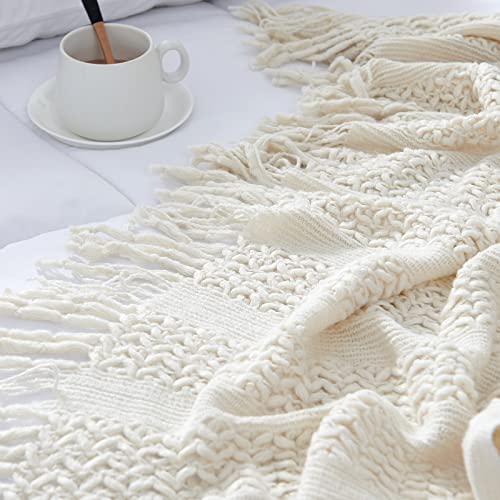 jinchan Knit Throw Blanket Ivory Soft Couch Throw Blanket with Tassels Spring Bed Throw Blanket Indoor Outdoor Travel Warm Coverlet for Sofa Comforter Living Room Decor Nursery Gift 50 x 60 inch