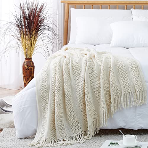 jinchan Knit Throw Blanket Ivory Soft Couch Throw Blanket with Tassels Spring Bed Throw Blanket Indoor Outdoor Travel Warm Coverlet for Sofa Comforter Living Room Decor Nursery Gift 50 x 60 inch