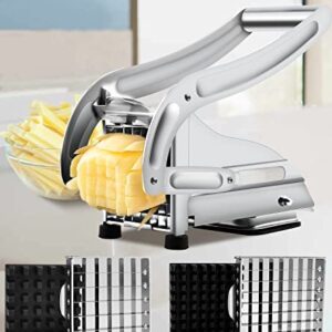 French Fry Cutter with 2 Blades, Professional Potato Cutter Stainless Steel, Potato Slicer French Fries, Press French Fries Cutter for Potato