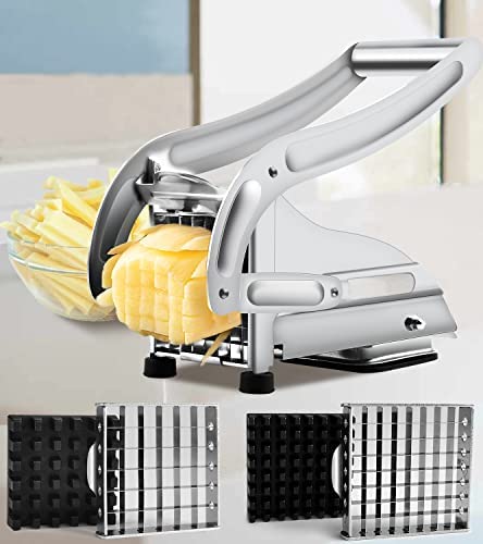 French Fry Cutter with 2 Blades, Professional Potato Cutter Stainless Steel, Potato Slicer French Fries, Press French Fries Cutter for Potato