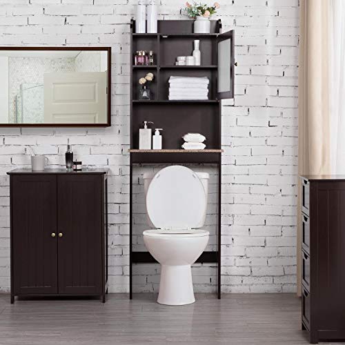 Topeakmart Home Bathroom Shelf Space-Saving Over The Toilet Storage Cabinet with Adjustable Shelf and Glass Door, Espresso