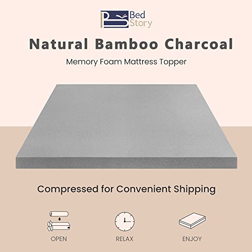 BedStory 3 Inch Queen Size Memory Foam Mattress Topper, Bamboo Charcoal Memory Foam Bed Topper for Back Pain Relief, Cooling No Odor Mattress Pad Ergonomic Design Skin-Friendly, CertiPUR-US Certified