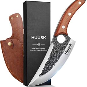 Huusk Knife Japan Kitchen, Upgraded Viking Knives with Sheath Hand Forged Butcher Knife for Meat Cutting Japanese Cooking Knife Meat Cleaver Huusk Chef Knives for Kitchen and Outdoor Camping, BBQ