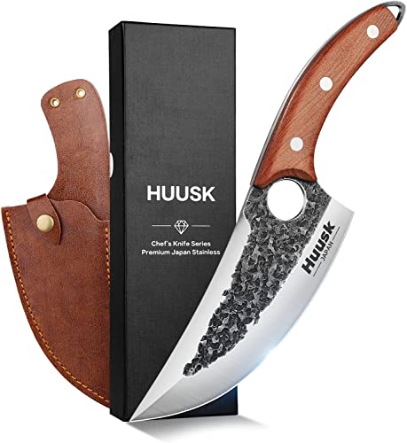 Huusk Knife Japan Kitchen, Upgraded Viking Knives with Sheath Hand Forged Butcher Knife for Meat Cutting Japanese Cooking Knife Meat Cleaver Huusk Chef Knives for Kitchen and Outdoor Camping, BBQ