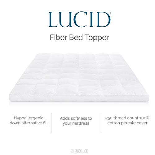 LUCID Ultra Plush 3 Inch Down Alternative Fiber Bed Mattress Topper - Allergen Free Pillow Top - Soft and Breathable Cotton Percale Cover - Queen Size , White