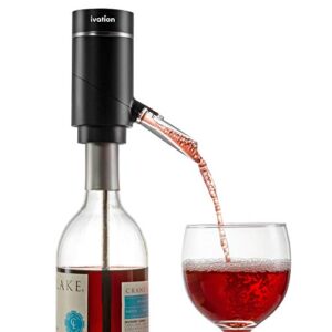 ivation electric wine aerator and dispenser | rechargeable automatic wine pourer with touch button control, precision spout, on/off aeration, extension tube and micro usb cable | just press to pour!