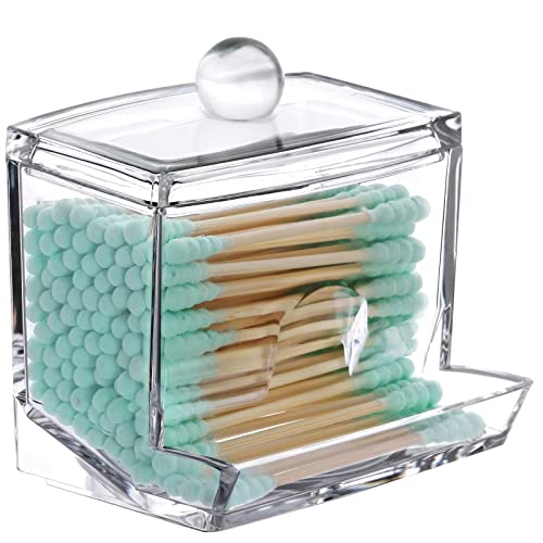 Acrylic Cotton Swab Holder, Clear Cotton Swab Holder with Lid Cotton Swab Dispenser Cotton Swab Storage Organizer for Bathroom Countertop Vanity(3.5x3.5in)