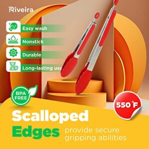 Riveira Red Tongs for Cooking with Silicone Tips | 9 and 12-Inch Pieces | Non-Stick Kitchen Grill Tongs | BBQ Tongs for Grill | 550°F High Heat-Resistant Premium Silicone Tips | 304 Stainless Steel