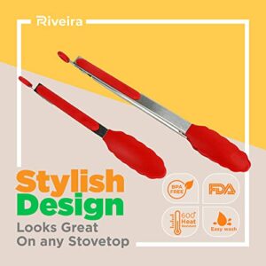 Riveira Red Tongs for Cooking with Silicone Tips | 9 and 12-Inch Pieces | Non-Stick Kitchen Grill Tongs | BBQ Tongs for Grill | 550°F High Heat-Resistant Premium Silicone Tips | 304 Stainless Steel