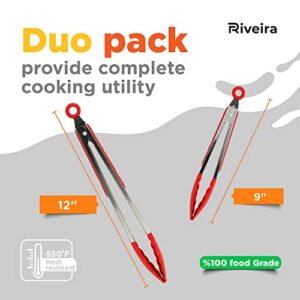 Riveira Red Tongs for Cooking with Silicone Tips | 9 and 12-Inch Pieces | Non-Stick Kitchen Grill Tongs | BBQ Tongs for Grill | 550°F High Heat-Resistant Premium Silicone Tips | 304 Stainless Steel