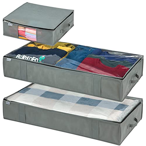 MAAN Underbed Storage Bag Organizer 3 Pack Large Capacity Storage Container with Strong Reinforced Handles, Store Blankets, Clear Window, Seasonal Clothing Comforters, Linen, Bedding (Grey)