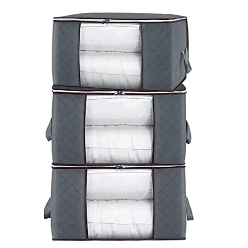 Large Storage Bags, 3 Pack Clothes Storage Bag Foldable Organizers with Reinforced Handle Thick Fabric for Comforters, Blankets, Bedding, Storage with Sturdy Zipper, Clear Window, 90 L (GRAY)