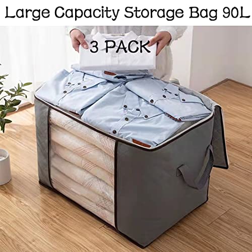 Large Storage Bags, 3 Pack Clothes Storage Bag Foldable Organizers with Reinforced Handle Thick Fabric for Comforters, Blankets, Bedding, Storage with Sturdy Zipper, Clear Window, 90 L (GRAY)