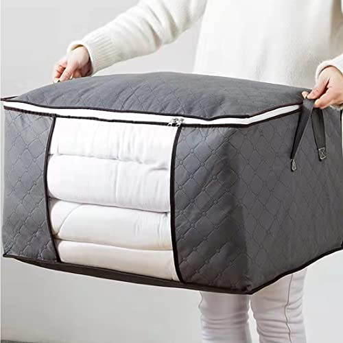 Large Storage Bags, 3 Pack Clothes Storage Bag Foldable Organizers with Reinforced Handle Thick Fabric for Comforters, Blankets, Bedding, Storage with Sturdy Zipper, Clear Window, 90 L (GRAY)