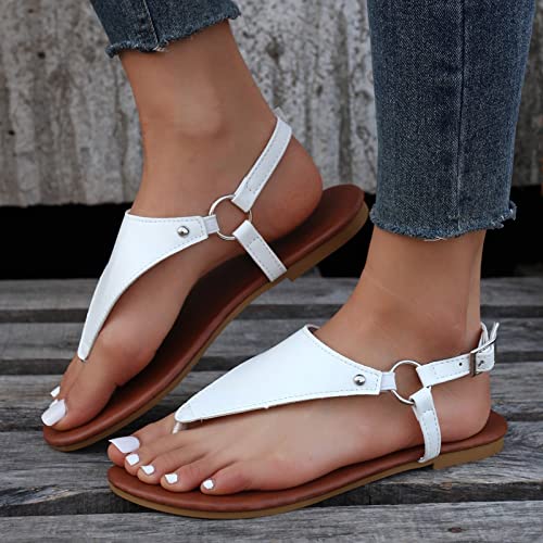 Sandals for Women Size 8 Ladies Fashion Solid Color Leather Flip Flops All Casual Buckle Flat Sandals (White, 6.5)