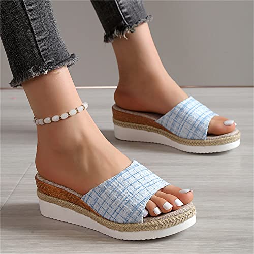 Flat Sandals for Women Size 8 Ladies Fashion Color Matching Cloth Open Toe Casual Slope Heel Thick Sole Sippers (Light Blue, 8)